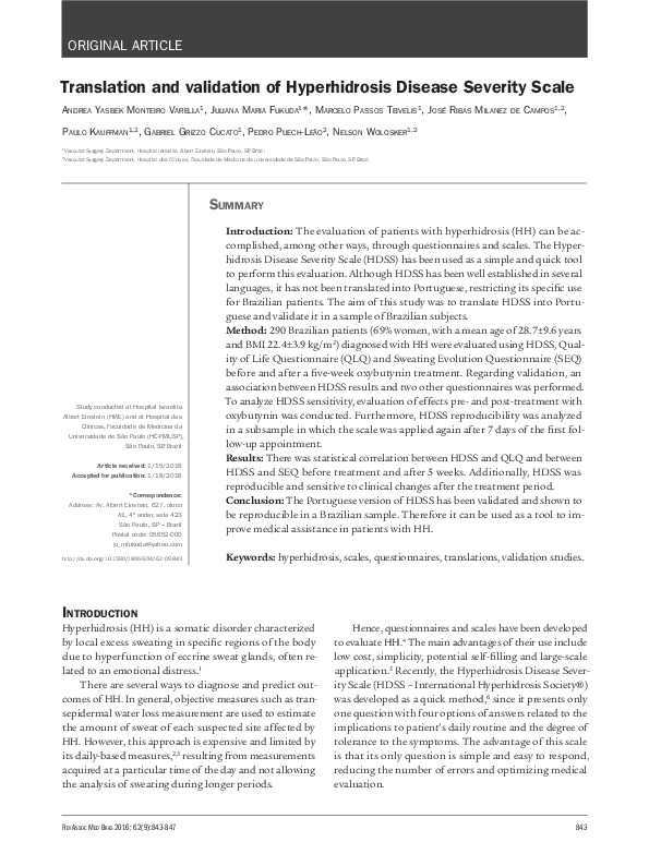 (PDF) Translation and validation of Hyperhidrosis Disease Severity Scale