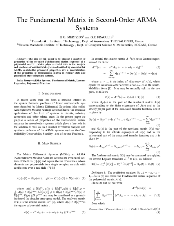 (PDF) The Fundamental Matrix in Second-Order ARMA Systems