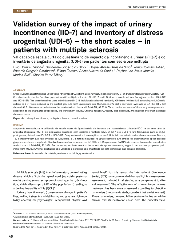 (PDF) Validation survey of the impact of urinary incontinence (IIQ-7 ...