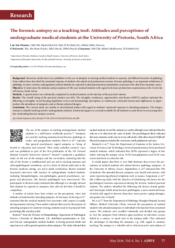 (PDF) The forensic autopsy as a teaching tool: Attitudes and ...