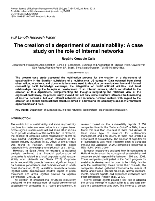 (PDF) The creation of a department of sustainability: A case study on ...