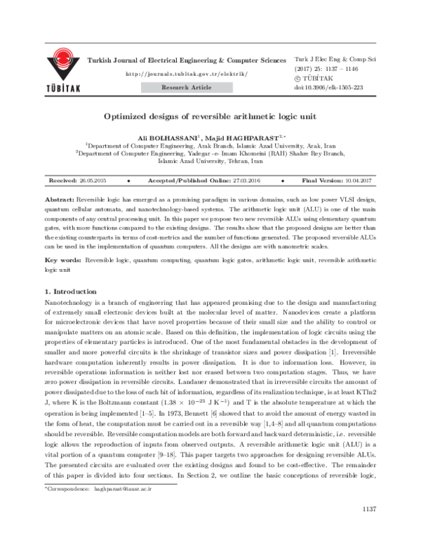 (PDF) Optimized designs of reversible arithmetic logic unit