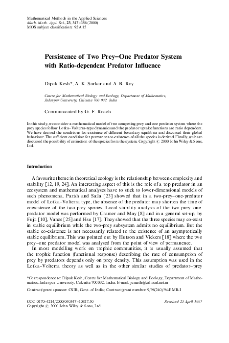 (PDF) Persistence of two prey-one predator system with ratio-dependent ...