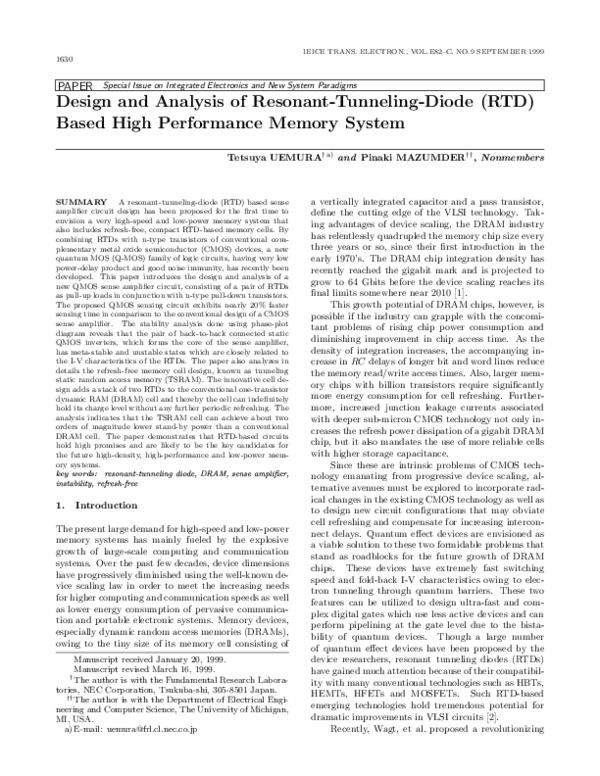 (PDF) Design and Analysis of Resonant-Tunneling-Diode (RTD) Based High Performance Memory System