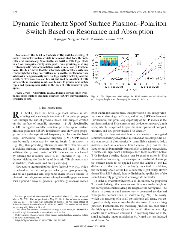 (PDF) Dynamic Terahertz Spoof Surface Plasmon–Polariton Switch Based on Resonance and Absorption