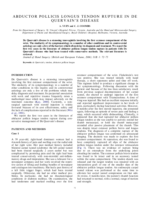 (PDF) Abductor pollicis longus tendon rupture in de quervain's disease