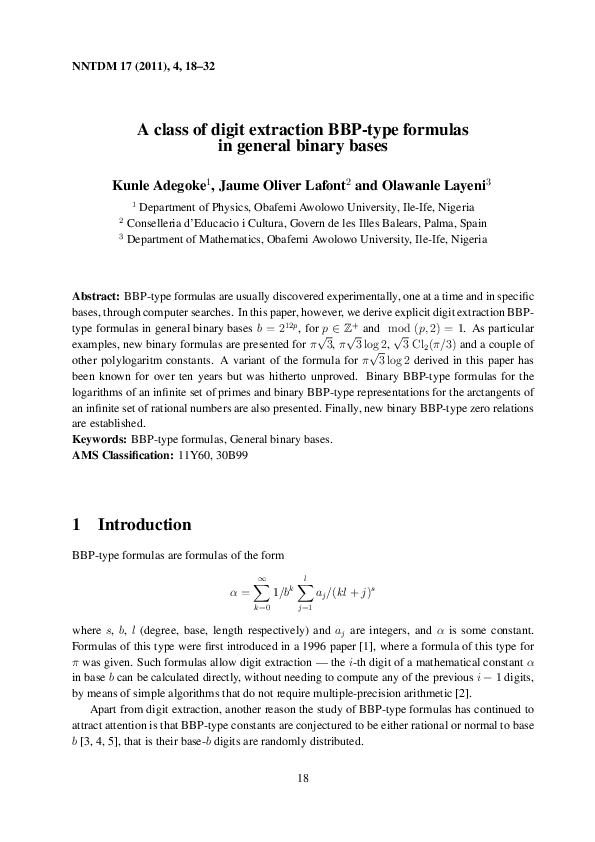 Pdf A Class Of Digit Extraction Bbp Type Formulas In General Binary Bases
