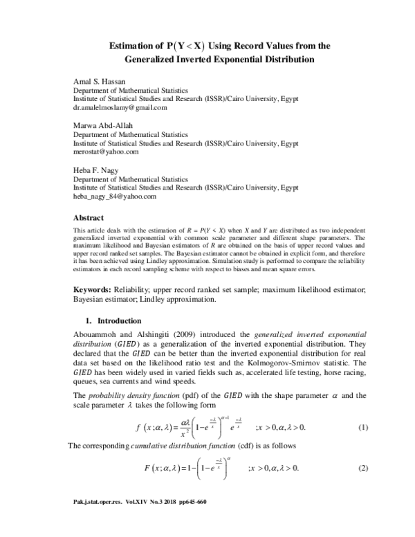 (PDF) Estimation of P(Y X) using record values from the generalized inverted exponential ...