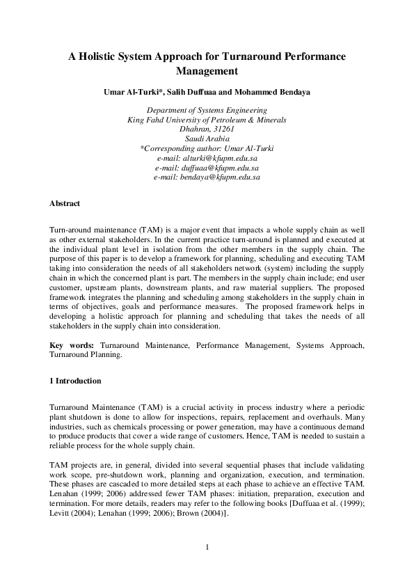 (PDF) A Holistic System Approach for Turnaround Performance Management