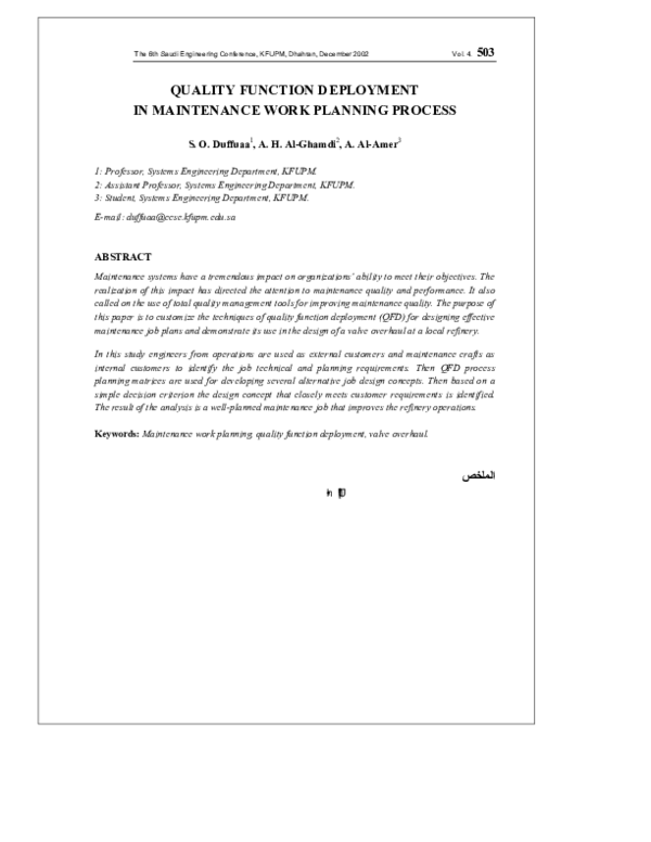 (PDF) Quality function deployment in maintenance work planning process