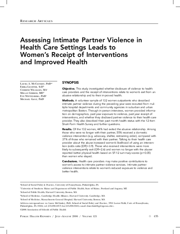 (PDF) Assessing Intimate Partner Violence In Health Care Settings Leads ...