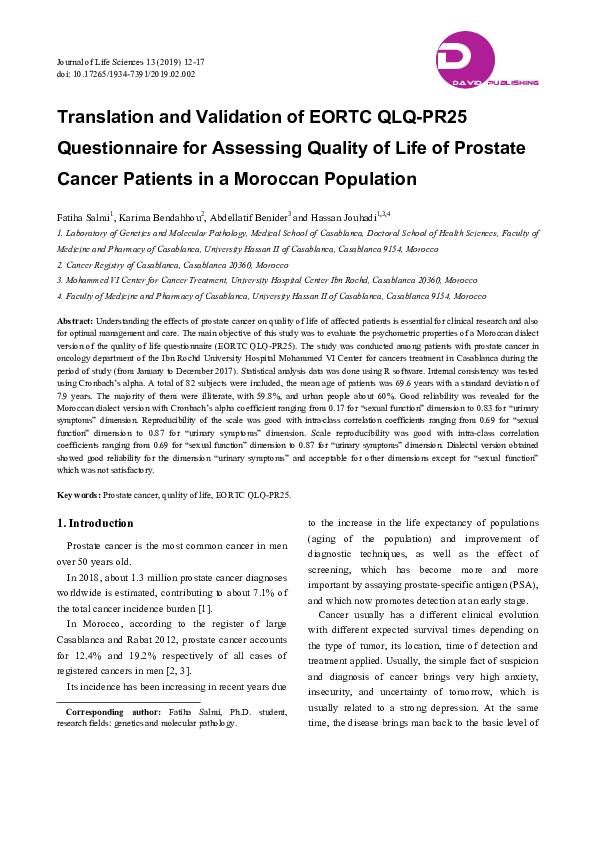 (PDF) Translation and Validation of EORTC QLQ-PR25 Questionnaire for Assessing Quality of Life ...