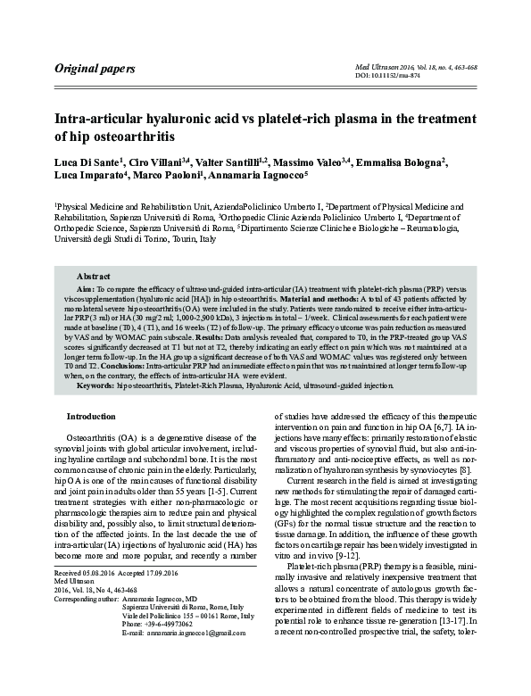 (PDF) Intra-articular hyaluronic acid vs platelet-rich plasma in the treatment of hip osteoarthritis