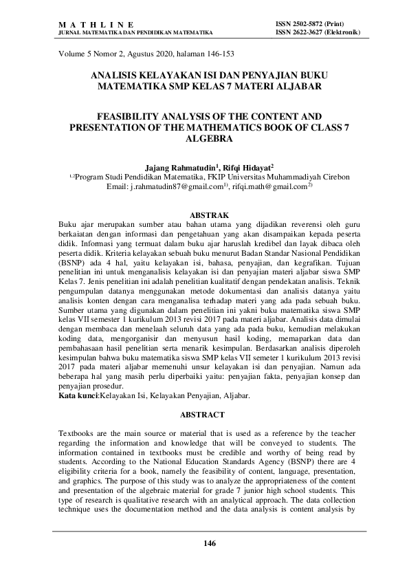 (PDF) Analisis Kelayakan Isi dan Penyajian Buku Matematika Smp Kelas 7 Materi Aljabar