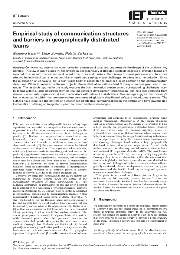 (PDF) Empirical Study of Communication Structures and Barriers in Geographically Distributed Teams