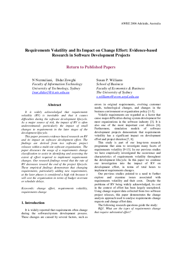 (PDF) Requirements volatility and its impact on change effort: Evidence-based research in ...