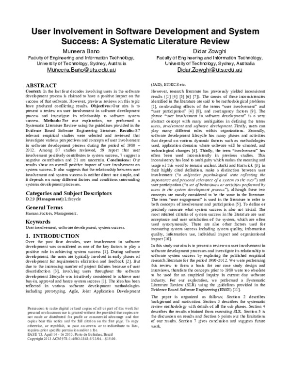 (PDF) User involvement in software development and system success