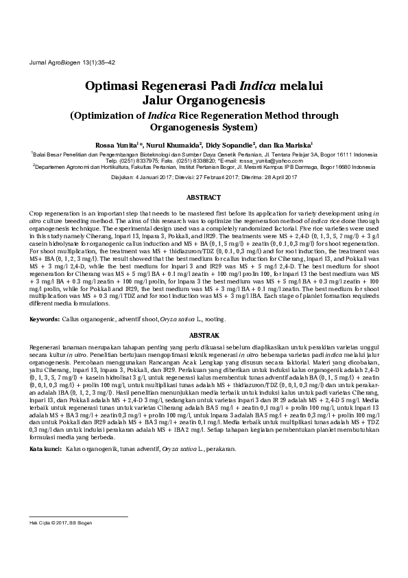 (PDF) Optimasi Regenerasi Padi Indica melalui Jalur Organogenesis