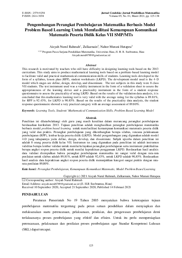 (PDF) Pengembangan Perangkat Pembelajaran Matematika Berbasis Model Problem Based Learning Untuk ...