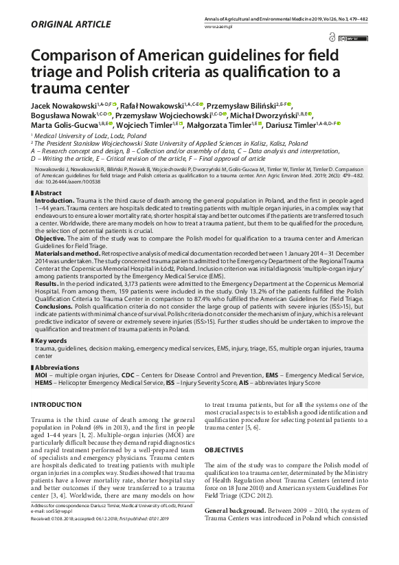 (PDF) Comparison of American guidelines for field triage and Polish ...