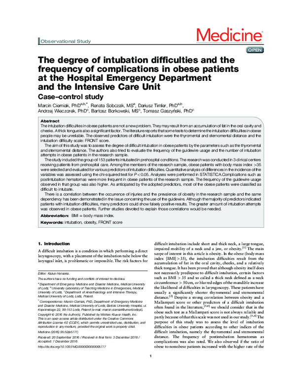 (PDF) The degree of intubation difficulties and the frequency of ...