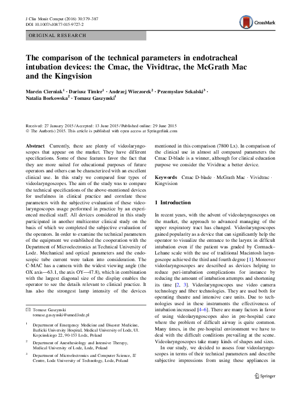 (PDF) The comparison of the technical parameters in endotracheal ...