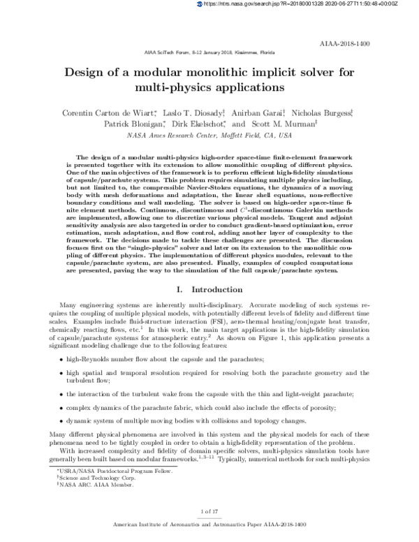 Pdf Design Of A Modular Monolithic Implicit Solver For Multi Physics Applications