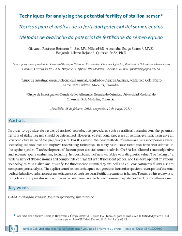 (PDF) Techniques for analyzing the potential fertility of stallion semen