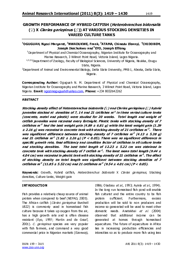 (PDF) Growth performance of hybrid catfish (Heterobranchus bidorsalis ...