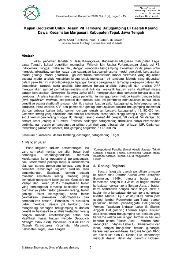 (PDF) Kajian Geoteknik Untuk Desain Pit Tambang Batugamping Di Daerah ...