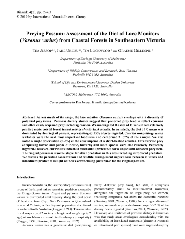 (PDF) Preying possum: assessment of the diet of lace monitors (Varanus ...