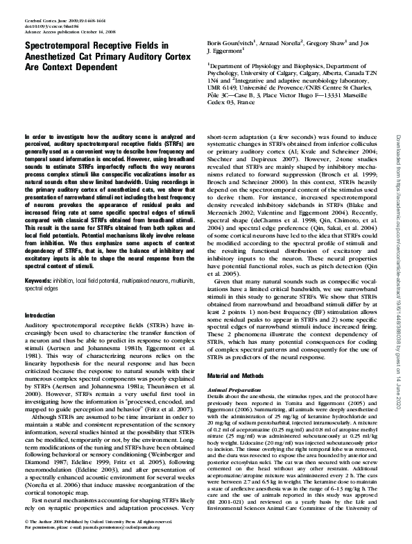 Pdf Spectrotemporal Receptive Fields In Anesthetized Cat Primary Auditory Cortex Are Context