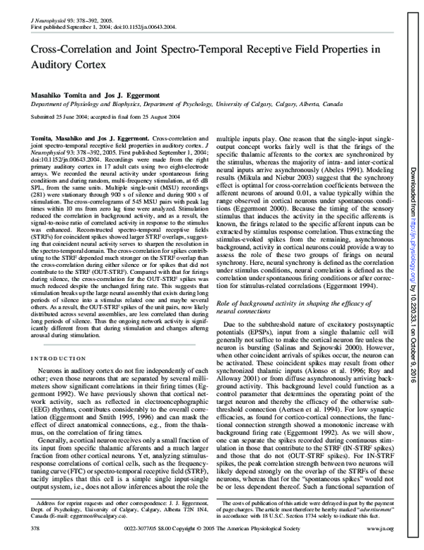 (PDF) Cross-Correlation and Joint Spectro-Temporal Receptive Field Properties in Auditory Cortex