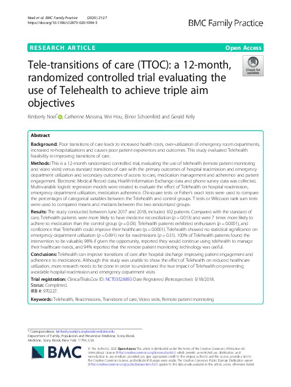 (PDF) Tele-transitions of care (TTOC): a 12-month, randomized ...