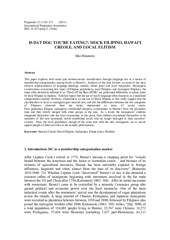 (PDF) Is Dat Dog You'Re Eating?: Mock Filipino, Hawai 'I Creole, and ...