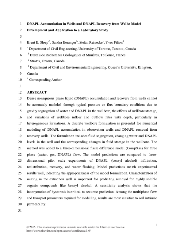 (PDF) DNAPL accumulation in wells and DNAPL recovery from wells: Model ...