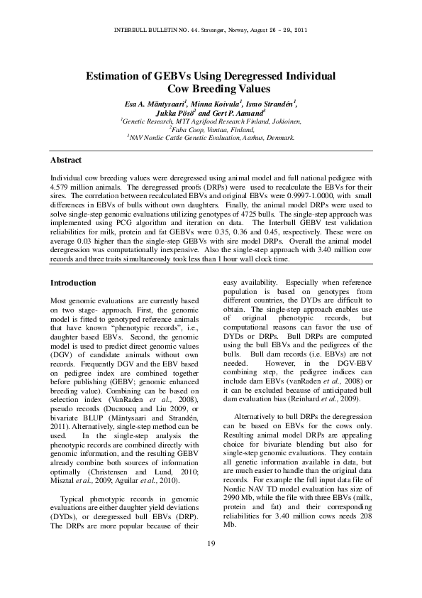 (PDF) Estimation of GEBVs using deregressed individual cow breeding values