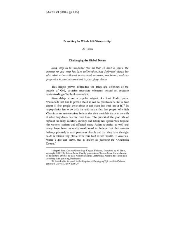 (PDF) Al Tizon - Preaching for Whole Life Stewardship (pp. 3-15)
