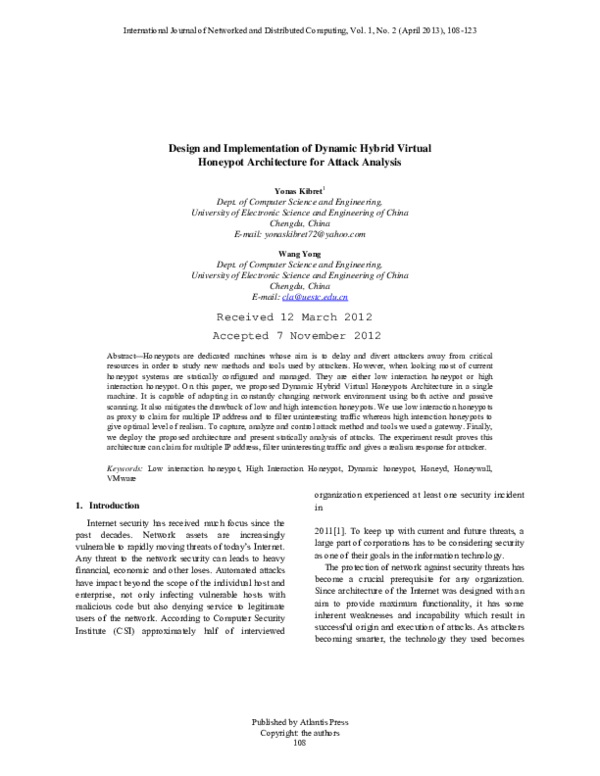 Pdf Design And Implementation Of Dynamic Hybrid Virtual Honeypot Architecture For Attack