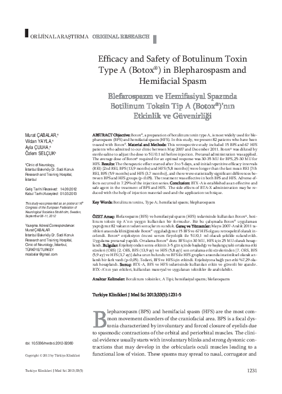 (PDF) Efficacy and Safety of Botulinum Toxin Type A (Botox®)' in ...