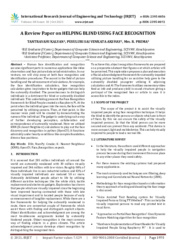 (PDF) IRJET- A Review Paper on HELPING BLIND USING FACE RECOGNITION