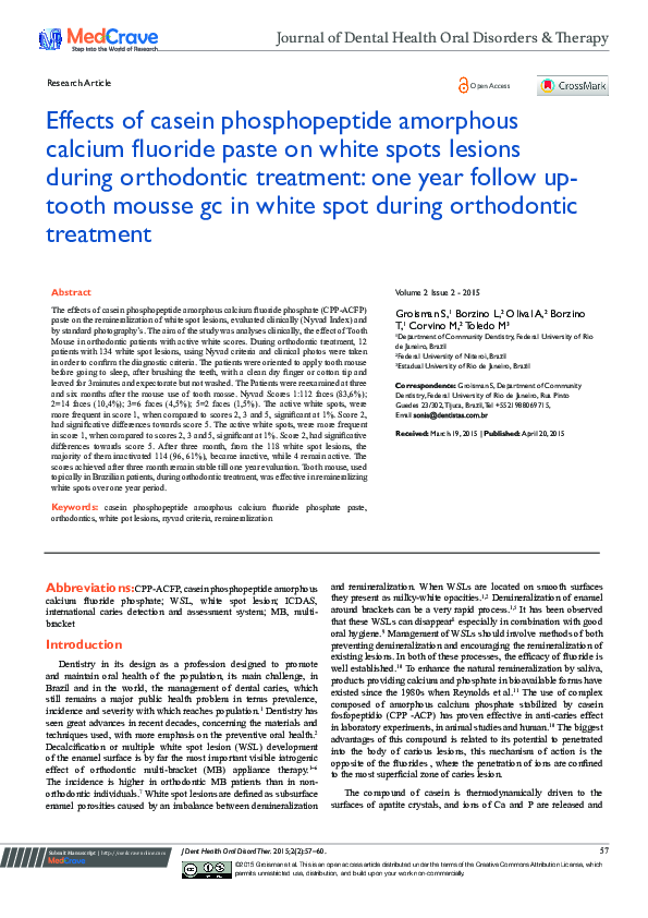(PDF) Effects of casein phosphopeptide amorphous calcium fluoride phosphate paste on white spot ...