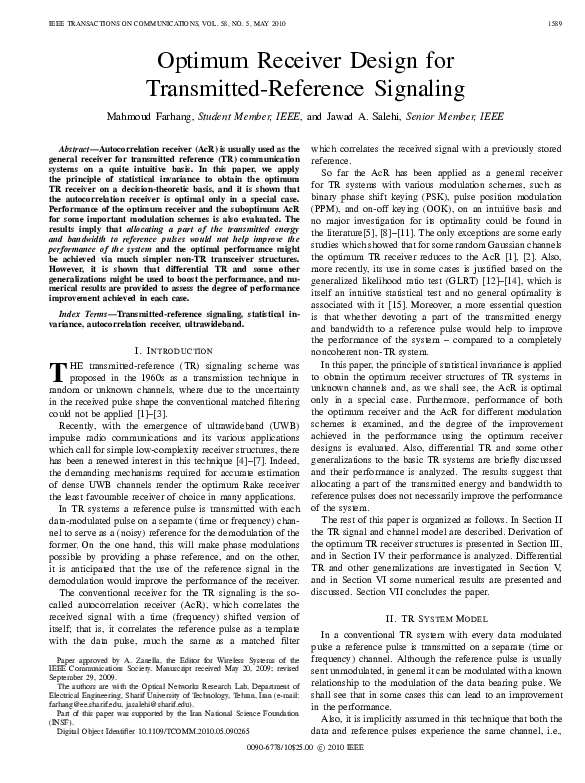 (PDF) Optimum receiver design for transmitted-reference signaling