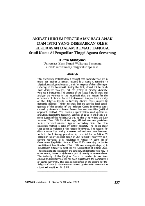 (PDF) AKIBAT HUKUM PERCERAIAN BAGI ANAK DAN ISTRI YANG DISEBABKAN OLEH KEKERASAN DALAM RUMAH ...