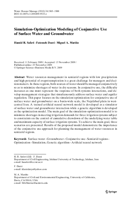 Pdf Simulation Optimization Modeling Of Conjunctive Use Of Surface