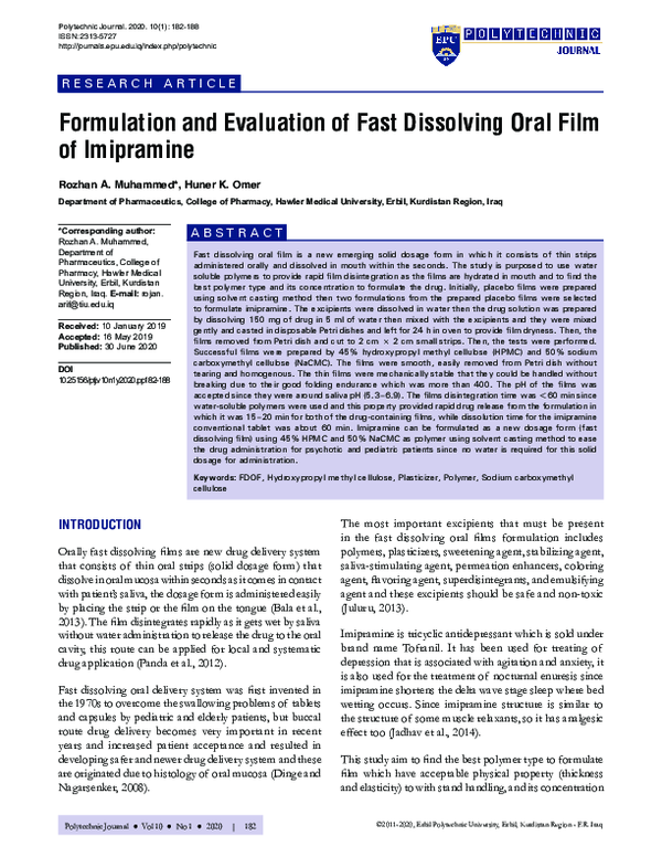 (PDF) Formulation and Evaluation of Fast Dissolving Oral Film of Imipramine