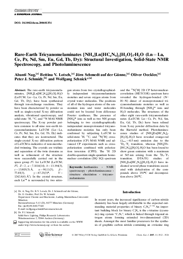 (PDF) Rare‐Earth Tricyanomelaminates [NH4] Ln [HC6N9] 2 [H2O] 7⋅ H2O ...