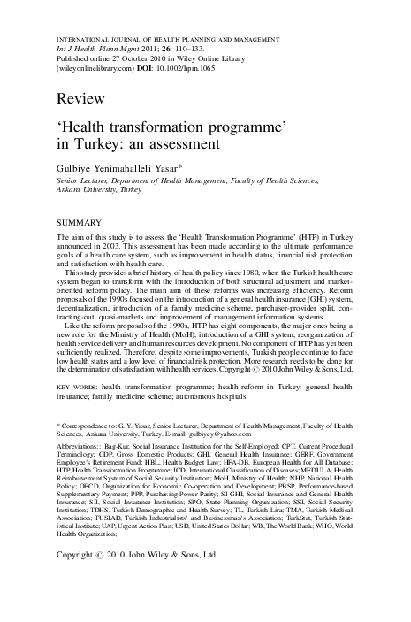 (PDF) Health transformation programme'in Turkey: an assessment