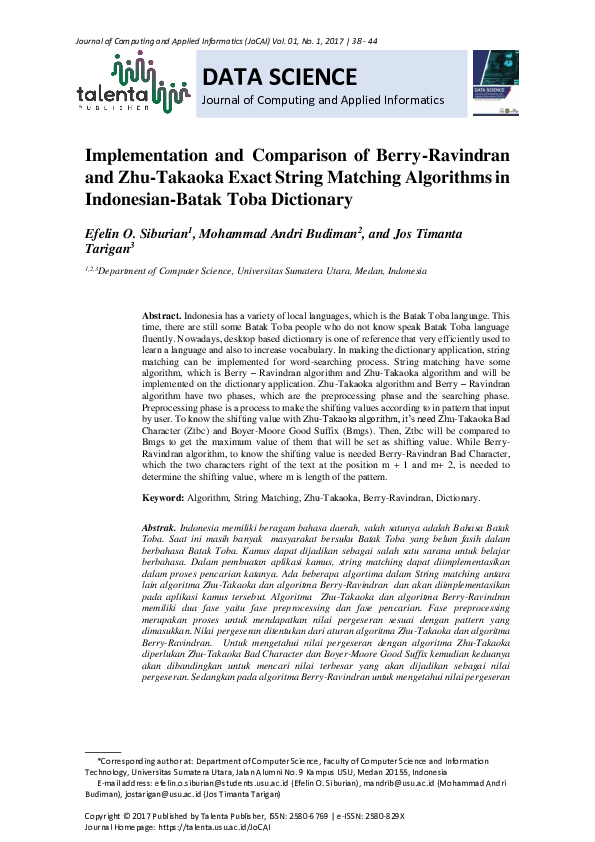 Pdf Implementation And Comparison Of Berry Ravindran And Zhu Takaoka Exact String Matching