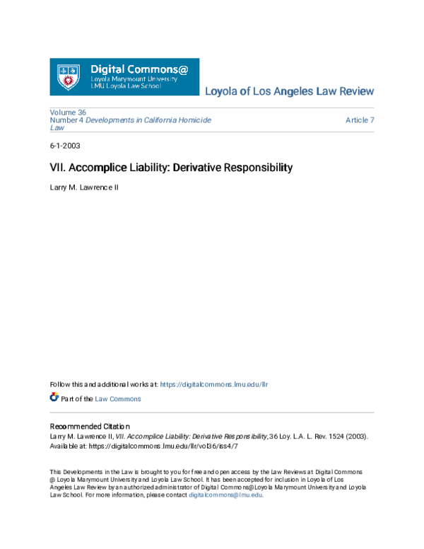 (PDF) VII. Accomplice Liability: Derivative Responsibility | LAWRENCE ...